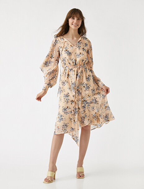 Koton Kadın Beli Kuşaklı Elbise V Yaka Çiçek Desenli Midi