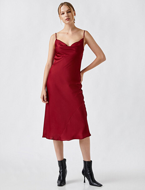 Koton Kadın Degaje Yaka İnce Askılı Saten Midi Elbise