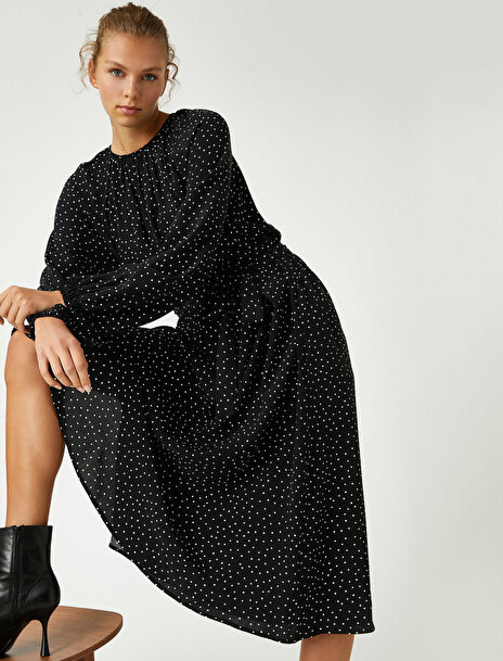 Koton Kadın Puantiyeli Uzun Kollu Beli Lastikli Midi Elbise