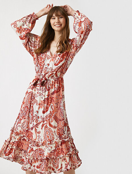 Koton Kadın V Yaka Elbise Etek Ucu Fırfırlı Etnik Desenli