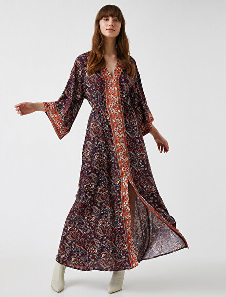 Koton Kadın Desenli Elbise Midi Yırtmaç Detaylı