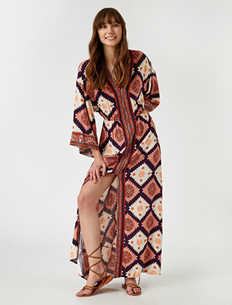 Koton Kadın Etnik Desenli Elbise Uzun Kollu V Yaka Maxi