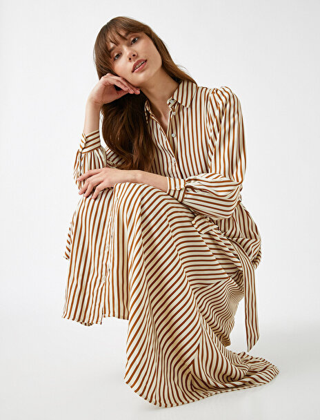 Koton Kadın Çizgili Gömlek Elbise Beli Kuşaklı Maxi Uzun Kollu