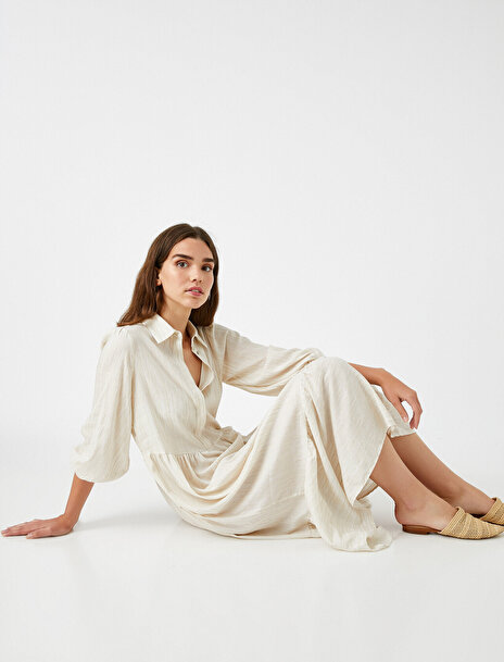 Koton Kadın Gömlek Yaka Elbise Uzun Kollu Maxi