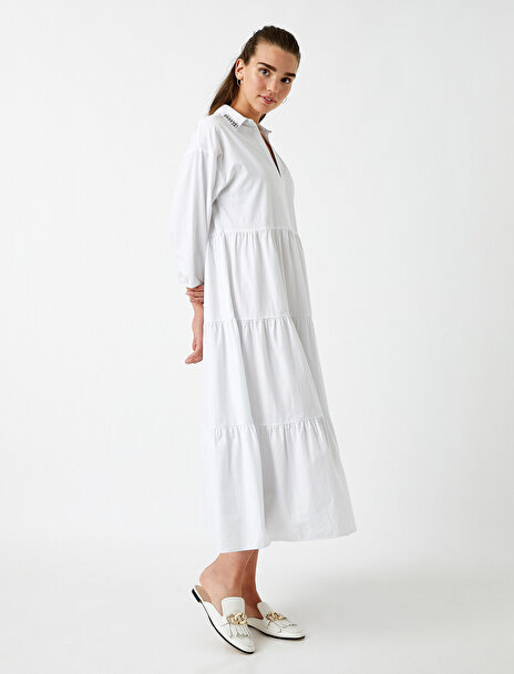 Koton Kadın Gömlek Yaka Elbise Volanlı Yaka İşlemeli Pamuklu