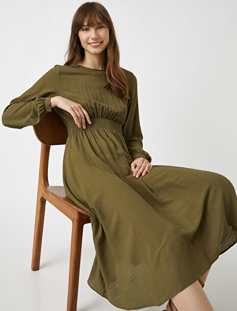 Koton Kadın Bisiklet Yaka Viskoz Elbise Uzun Kollu Midi