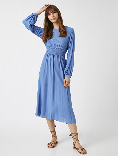 Koton Kadın Bisiklet Yaka Viskoz Elbise Uzun Kollu Midi