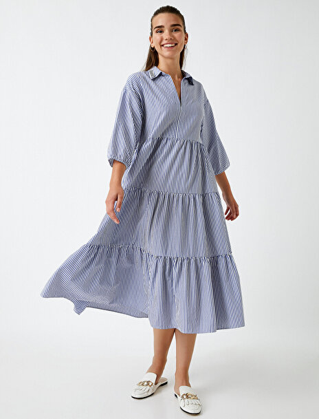 Koton Kadın Gömlek Yaka Elbise Çizgili Yaka İşlemeli Pamuklu