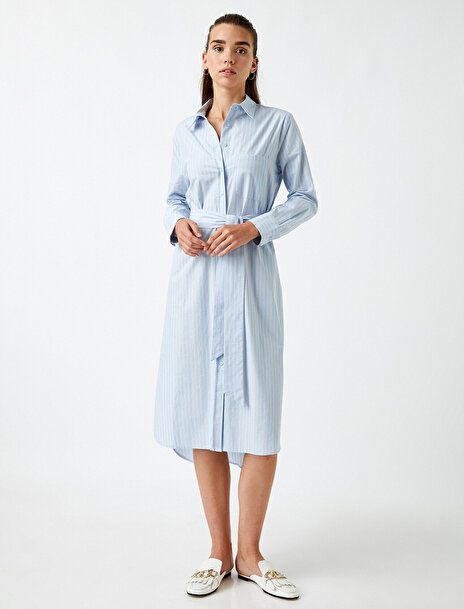 Koton Kadın Gömlek Yaka Elbise Kuşaklı Pamuklu Çizgili