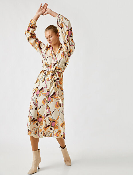 Koton Kadın Desenli Kuşaklı Midi Gömlek Elbise