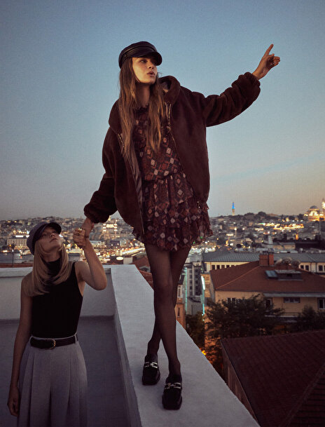 Koton Kadın Etnik Desenli Fırfırlı Mini Elbise