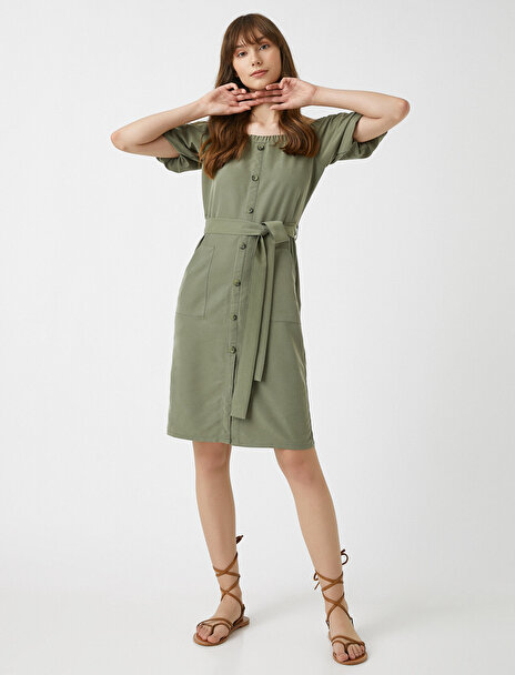 Koton Kadın Beli Kuşaklı Elbise Düğmeli Yarım Kol