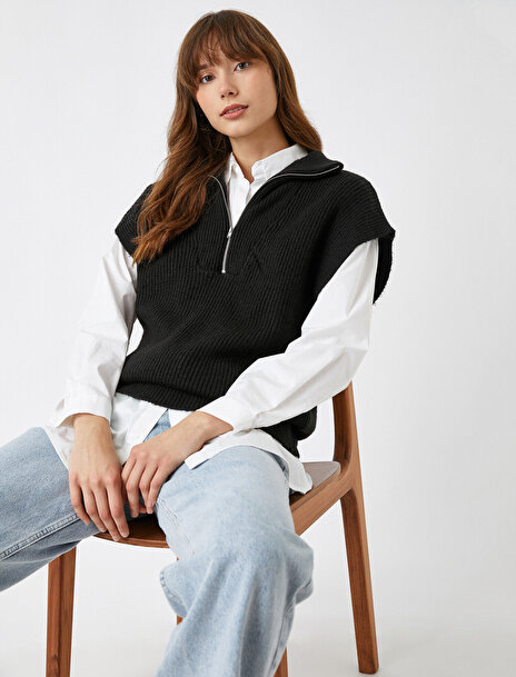 Koton Kadın Kısa Kollu Fermuarlı Süveter Örme