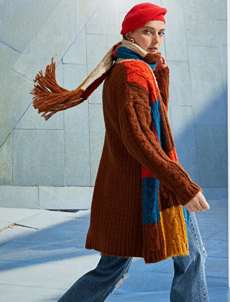 Koton Kadın Renk Bloklu Uzun Triko Hırka