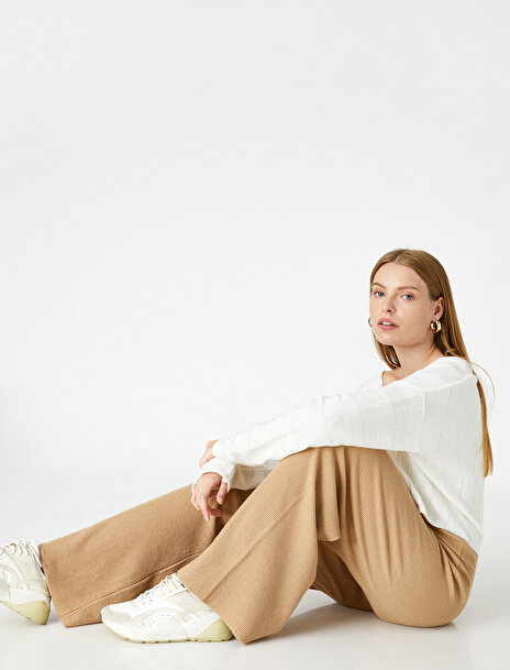 Koton Kadın Ribanalı Pantolon Geniş Paça Yüksek Bel