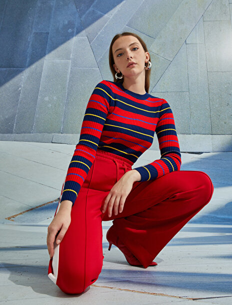 Koton Kadın Çizgili Bisiklet Yaka Fitilli Triko Kazak