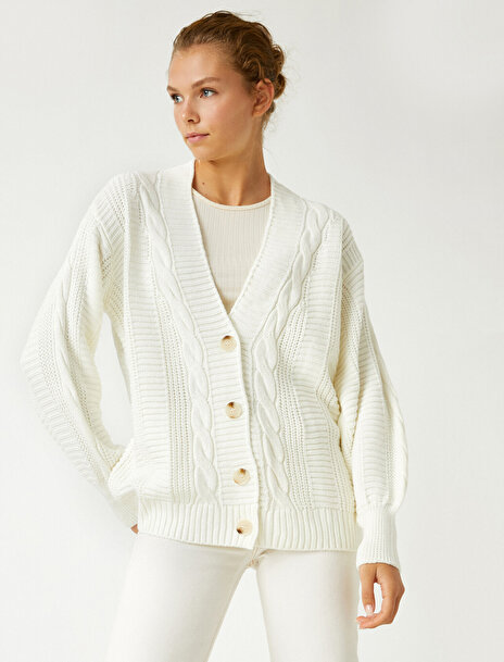 Koton Kadın Örme Desenli V Yaka Düğmeli Uzun Kollu Yelek