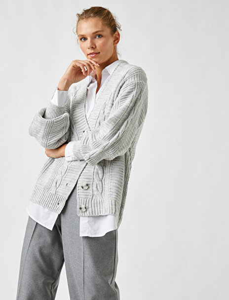 Koton Kadın Örme Desenli V Yaka Düğmeli Uzun Kollu Yelek