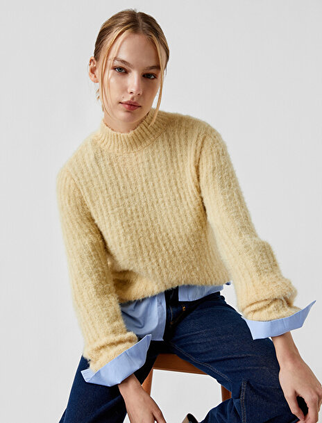 Koton Kadın Bisiklet Yaka Ribanalı Uzun Kollu Tüylü Kazak