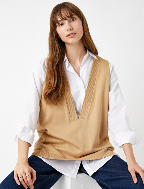 Koton Kadın Kısa Kollu V Yaka Süveter Örme Koton Kadın Kısa Kollu V Yaka Süveter Örme