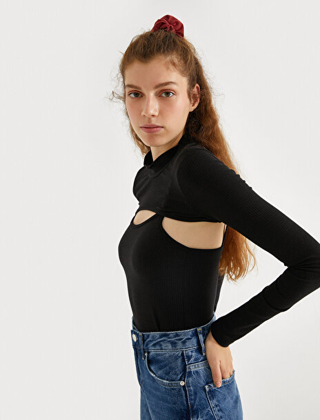 Koton Ole Genç Kız Bolero Tişört Uzun Kollu Dik Yaka