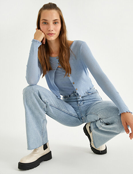 Koton Ole Genç Kız Kolları Fırfırlı Hırka Düğmeli Pamuklu