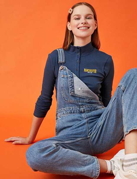 Koton Ole Genç Kız Dik Yaka Bakılı Uzun Kollu Tişört