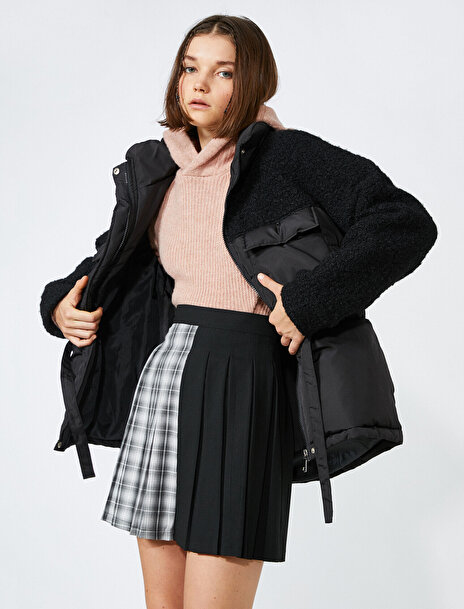 Koton Ole Genç Kız Beli Bağcıklı Dik Yaka Şişme Mont