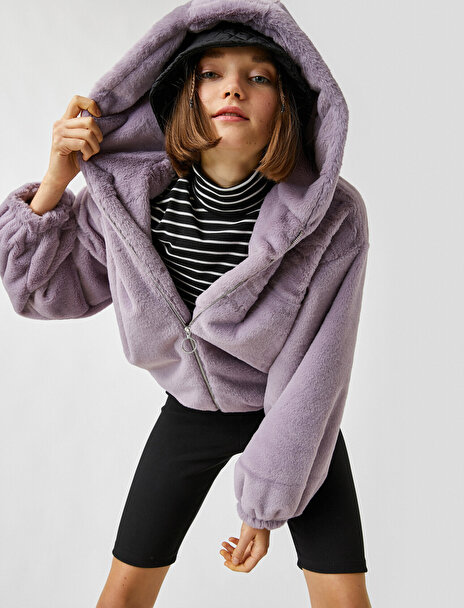 Koton Ole Genç Kız Kapüşonlu Fermuarlı Peluş Mont