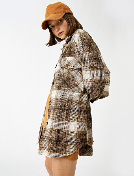 Koton Ole Genç Kız Ekoseli Oversize Uzun Kollu Gömlek Ceket