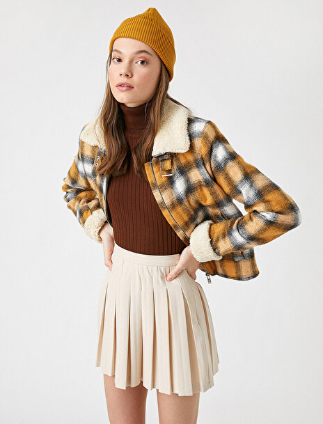 Koton Kadın Peluş Yaka Kareli Mont