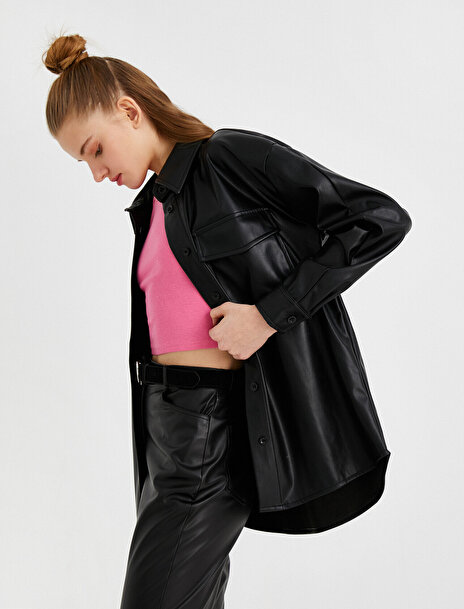 Koton Ole Genç Kız Deri Görünümlü Oversize Gömlek Koton Ole Genç Kız Deri Görünümlü Oversize Gömlek