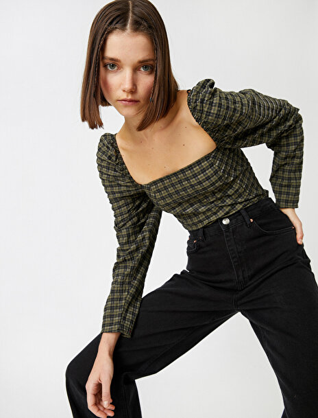 Koton Ole Genç Kız U Yaka Balon Kollu Kareli Bluz