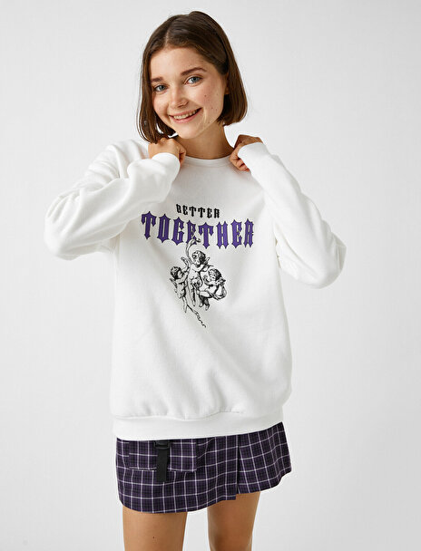 Koton Ole Genç Kız Bisiklet Yaka Uzun Kollu Baskılı Sweatshirt