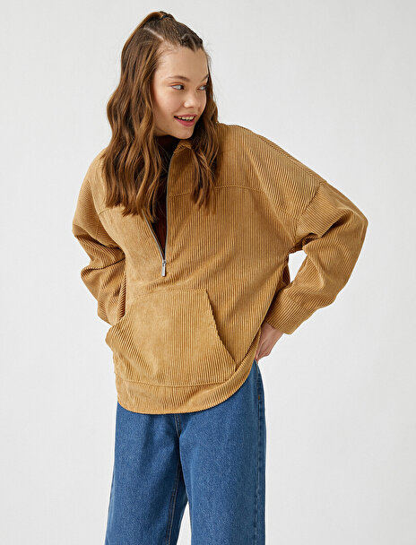 Koton Kadın Uzun Kollu Kadife Cepli Fermuarlı Bluz