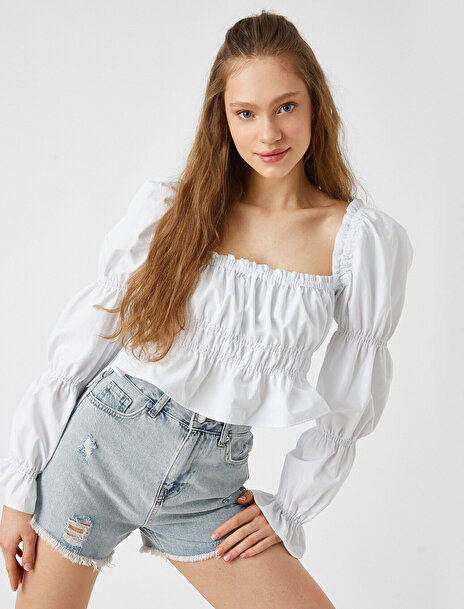 Koton Kadın Balon Kollu Bluz Kare Yaka