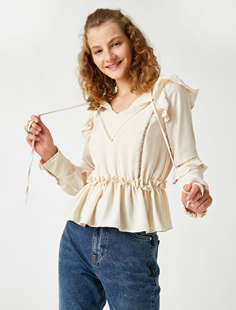 Koton Ole Genç Kız Boynu Bağlamalı V Yaka Fırfırlı Uzun Kollu Bluz