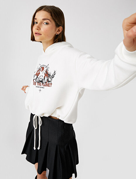 Koton Ole Genç Kız Kapüşonlu Sweatshirt Beli Bağlamalı Baskılı