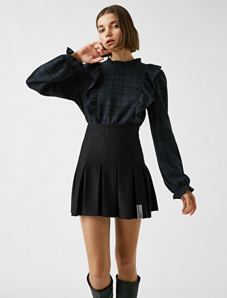 Koton Ole Genç Kız Fırfırlı Bisiklet Yaka Uzun Kollu Ekoseli Bluz