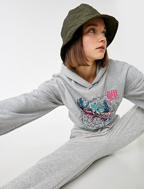 Koton Ole Genç Kız Beli Lastikli Kapüşonlu Basklı Sweatshirt