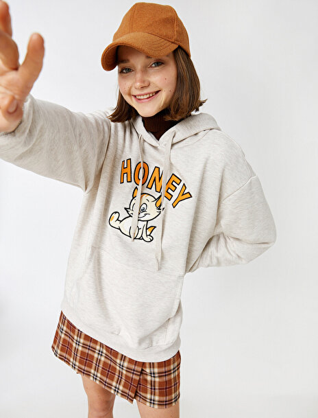 Koton Ole Genç Kız Baskılı Kanguru Cepli Uzun Kollu Kapüşonlu Sweatshirt