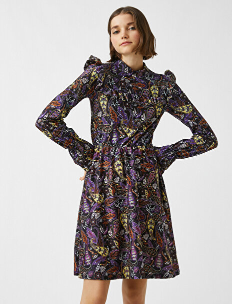 Koton Ole Genç Kız Şal Desenli Fırfırlı Elbise Uzun Kollu
