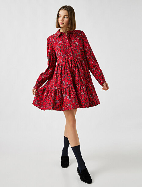 Koton Ole Genç Kız Şal Desenli Uzun Kollu Fırfırlı Elbise