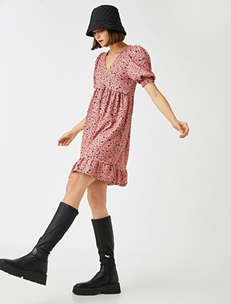 Koton Ole Genç Kız Balon Kol Desenli Fırfırlı V Yaka Elbise