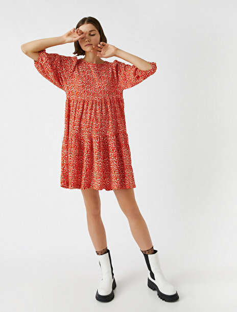 Koton Ole Genç Kız Çiçekli Balon Kol Bisiklet Yaka Mini Elbise