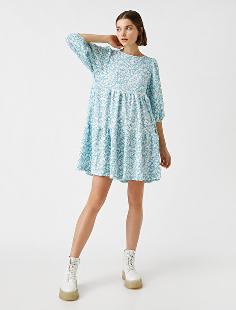 Koton Ole Genç Kız Desenli Bisiklet Yaka Volanlı Mini Elbise