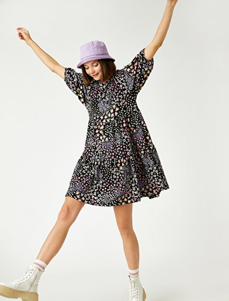 Koton Ole Genç Kız Desenli Volanlı Oversize Mini Elbise