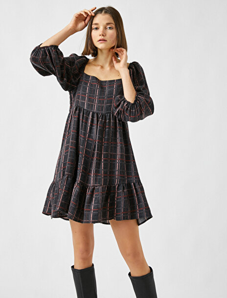 Koton Ole Genç Kız Balon Kollu Kareli Fırfırlı Elbise