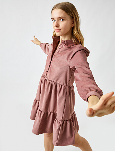 Koton Ole Genç Kız Fırfırlı Düğmeli Kadife Elbise