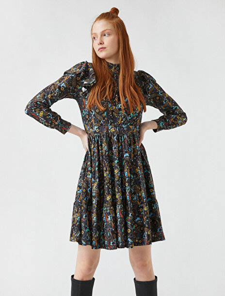 Koton Ole Genç Kız Uzun Kollu Desenli Fırfırlı Elbise